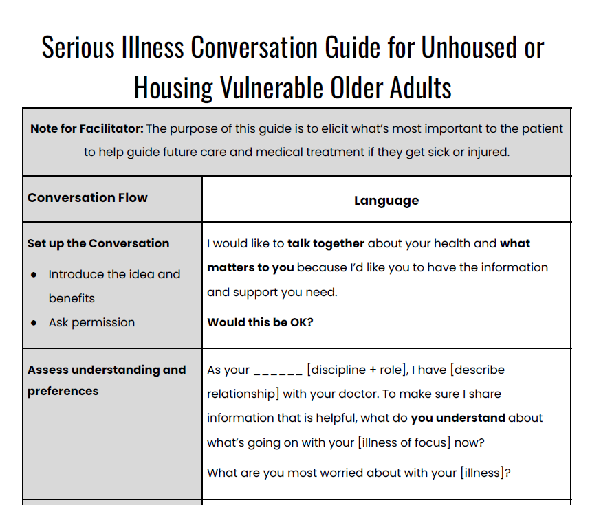 Serious Illness Conversation Guide for Unhoused or Housing Vulnerable ...
